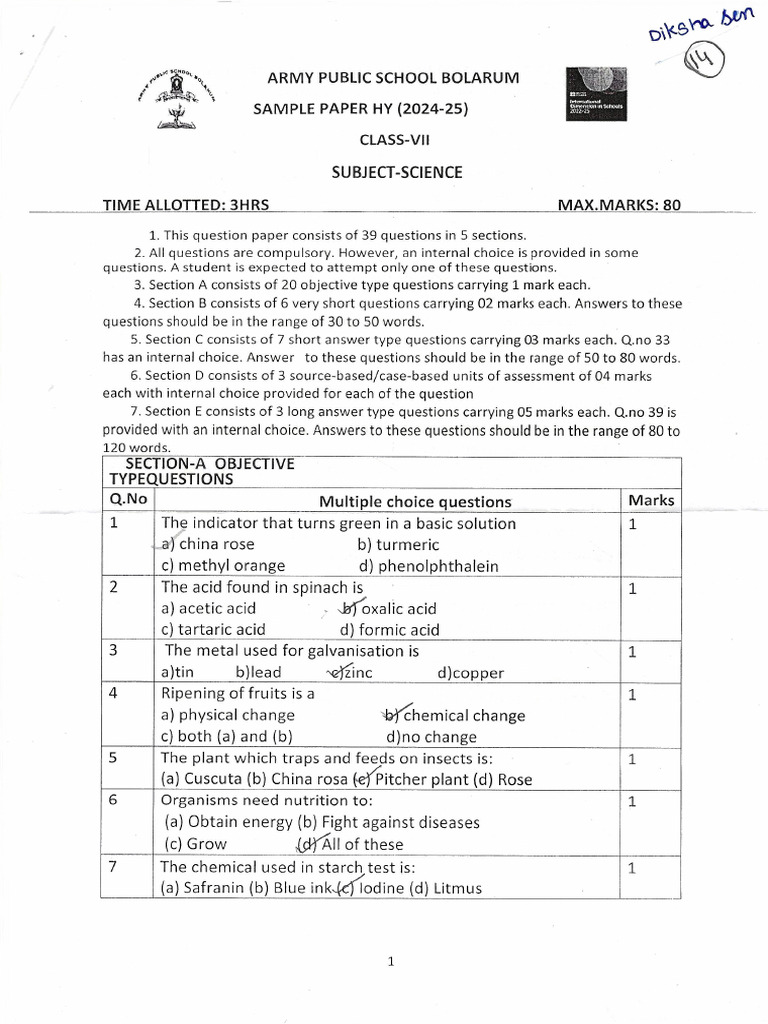 Cl7 Science APS Worksheet | PDF