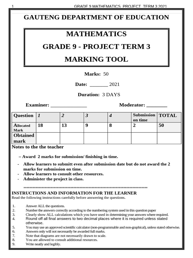 GRADE 9 PROJECT TERM 3 MARKING TOOL | PDF | Mathematics | Geometry