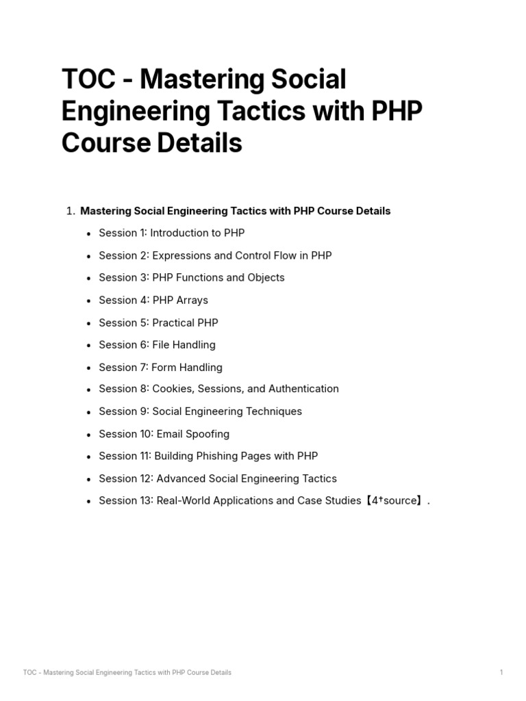 TOC - Mastering Social Engineering Tactics With PHP Course Details | PDF