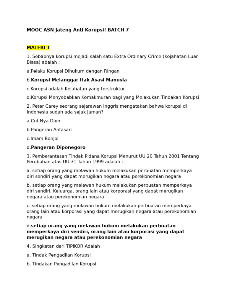 KUNCI JAWABAN MOOC ASN Jateng Anti Korupsi BATCH 7 | PDF | Ilmu Sosial | Hukum