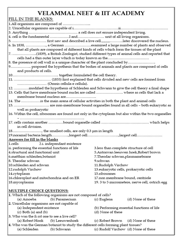 Cell Unit of Life Work Sheet For Introduction, Cel Theory, Sizes & Shapes of Cells. | PDF | Cell ...