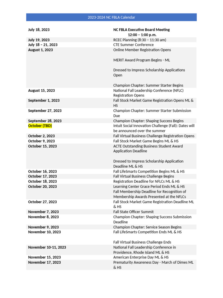 2023 2024 NC FBLA Calendar | PDF