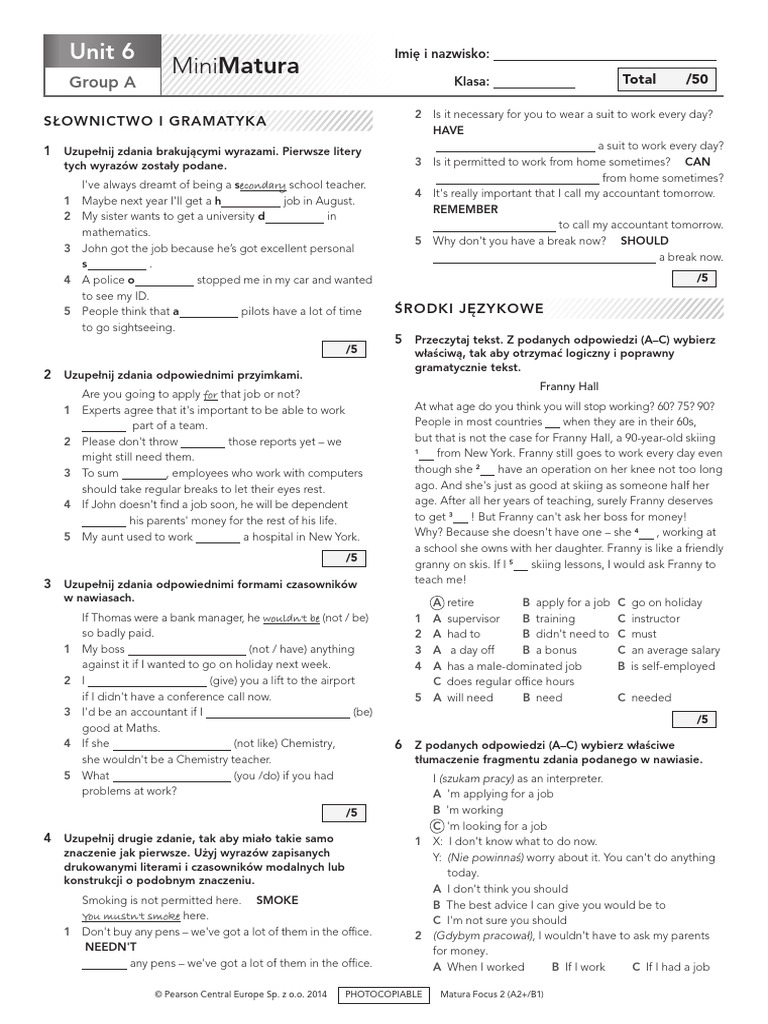 Matura Focus 2 Unit 6 Practice Test | PDF