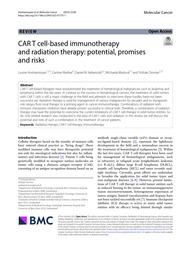 CAR T Cell-Based Immunotherapy and Radiation Therapy: Potential, Promises and Risks | PDF | T ...