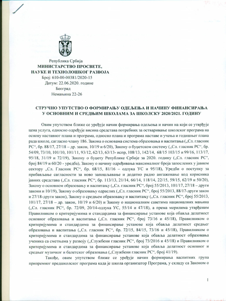 Strucno Uputstvo o Formiranju Odeljenja 2020 2021 2 | PDF