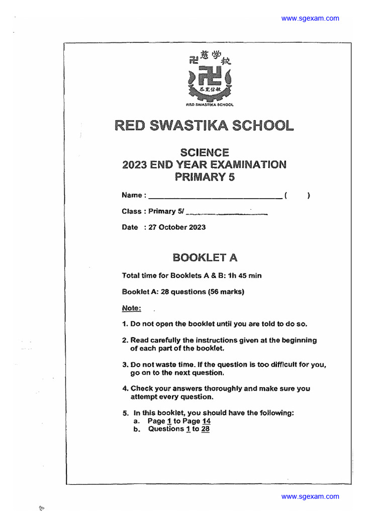 2023-P5-Science-End Of Year Exam-Red Swastika | PDF