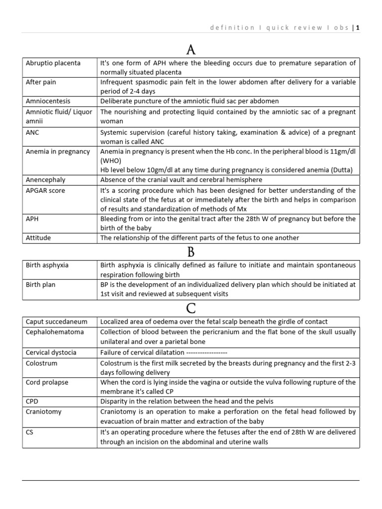 Obstetric Terms and Definitions Guide | PDF | Childbirth | Pregnancy