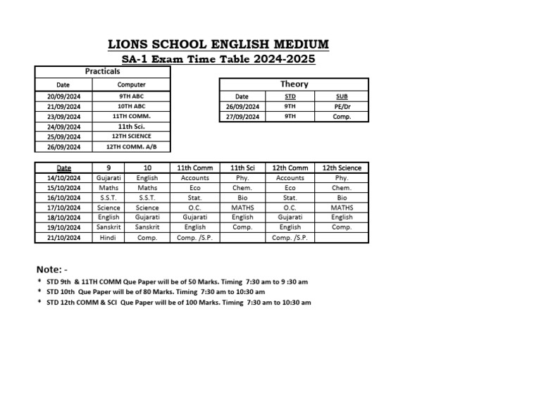 STD 9 To 12 Sa-1 Exam Timetable 2024-25 | PDF