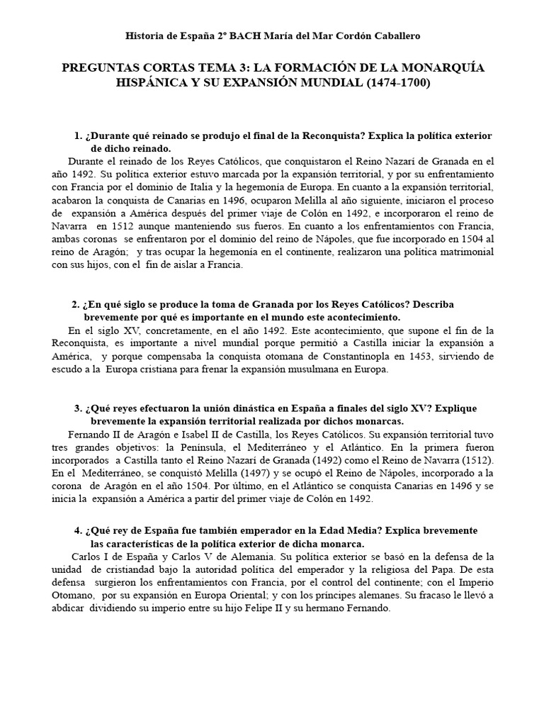 Preguntas Cortas Tema 3 | PDF | Imperio español | España