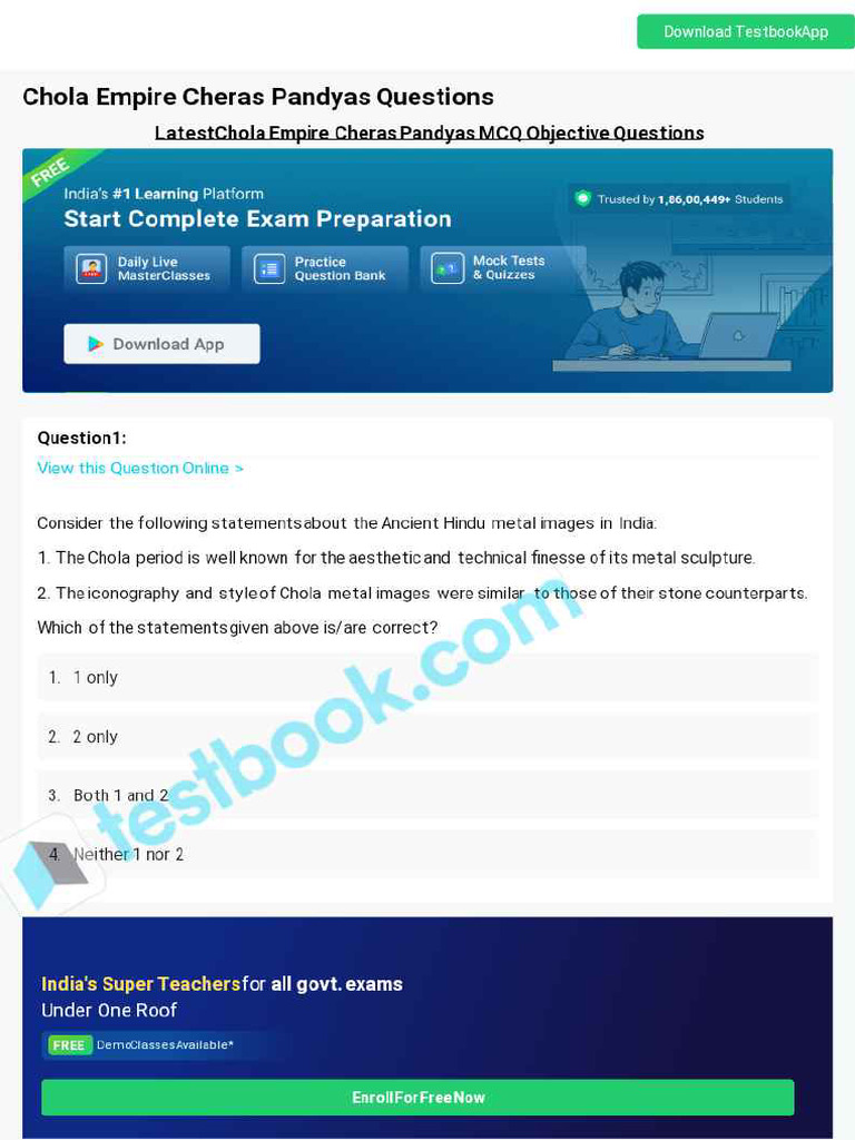 MCQ On Chola Empire Cheras Pandyas 5eea6a1239140f30f369ec15 | PDF