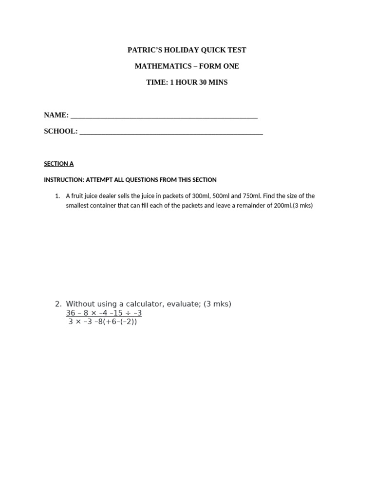 PATRIC'S HOLIDAY TEST 2 | PDF