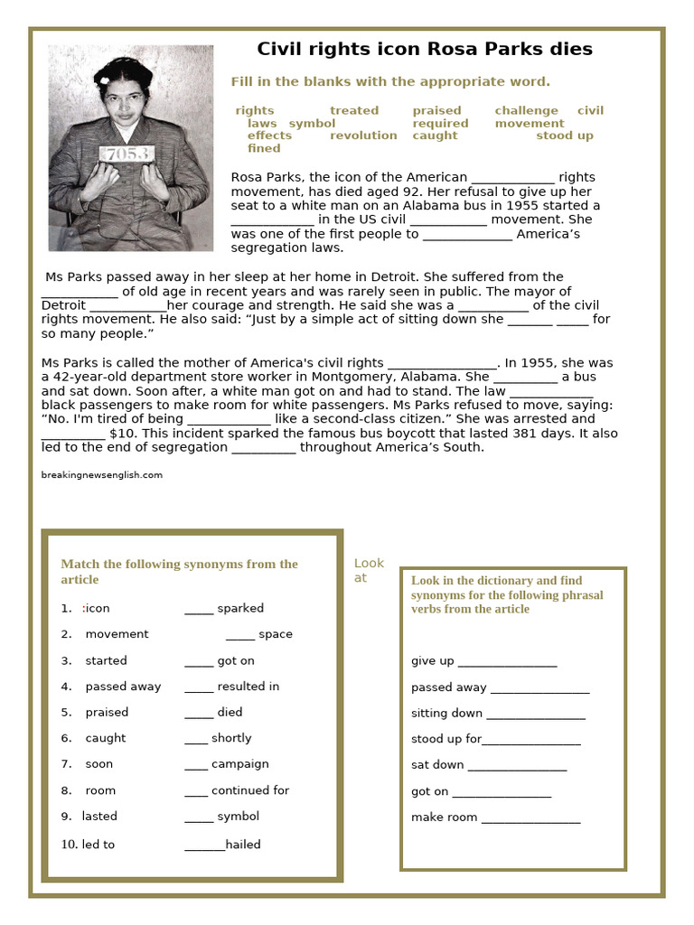 Rosa Parks Reading Comprehension Exercises - 115174 | PDF | Rosa Parks