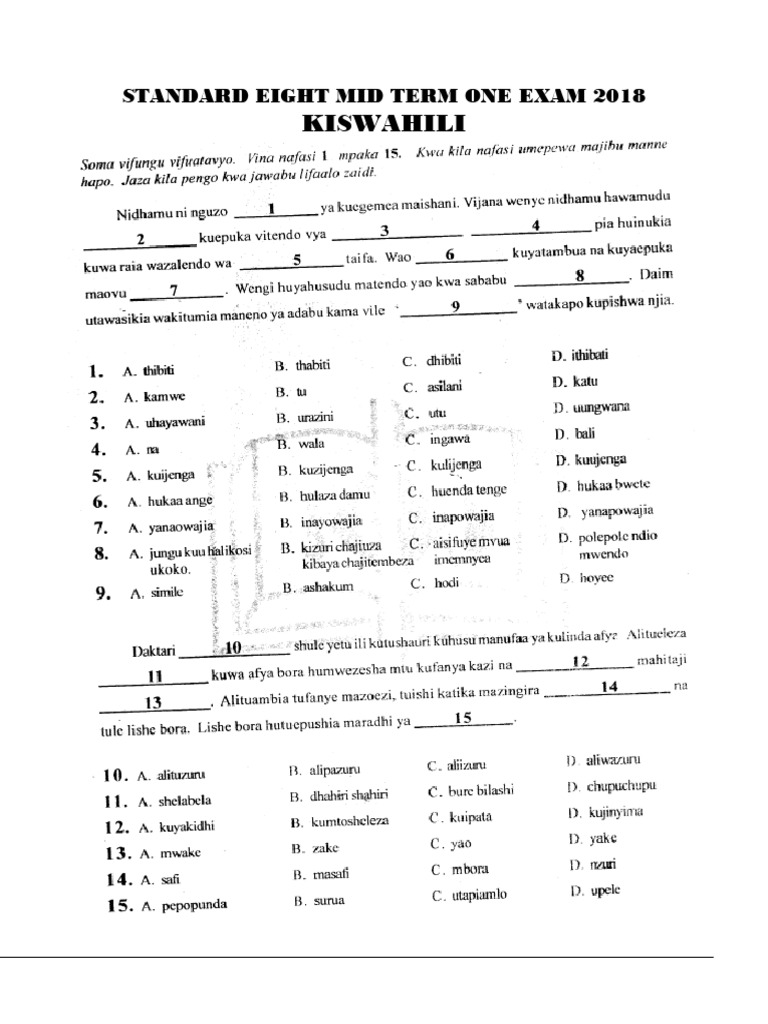 Kiswahili Class 8 Mid Term 1 2018 1 | PDF