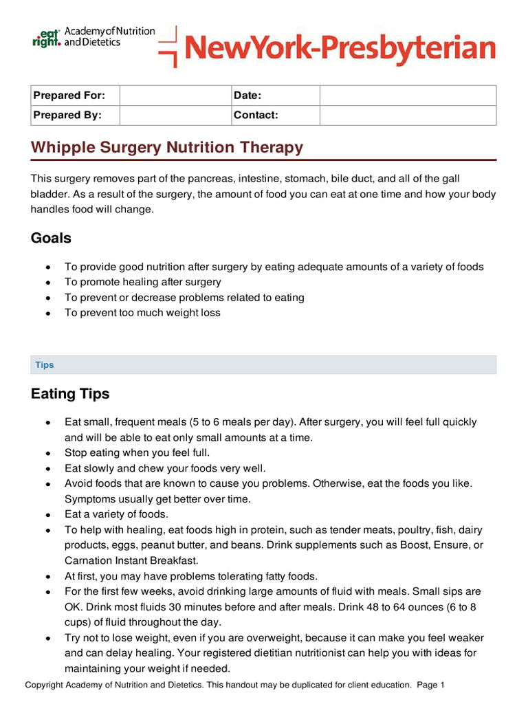 Client Ed Whipple Surgery Nutrition Therapy | PDF | Pancreas | Foods