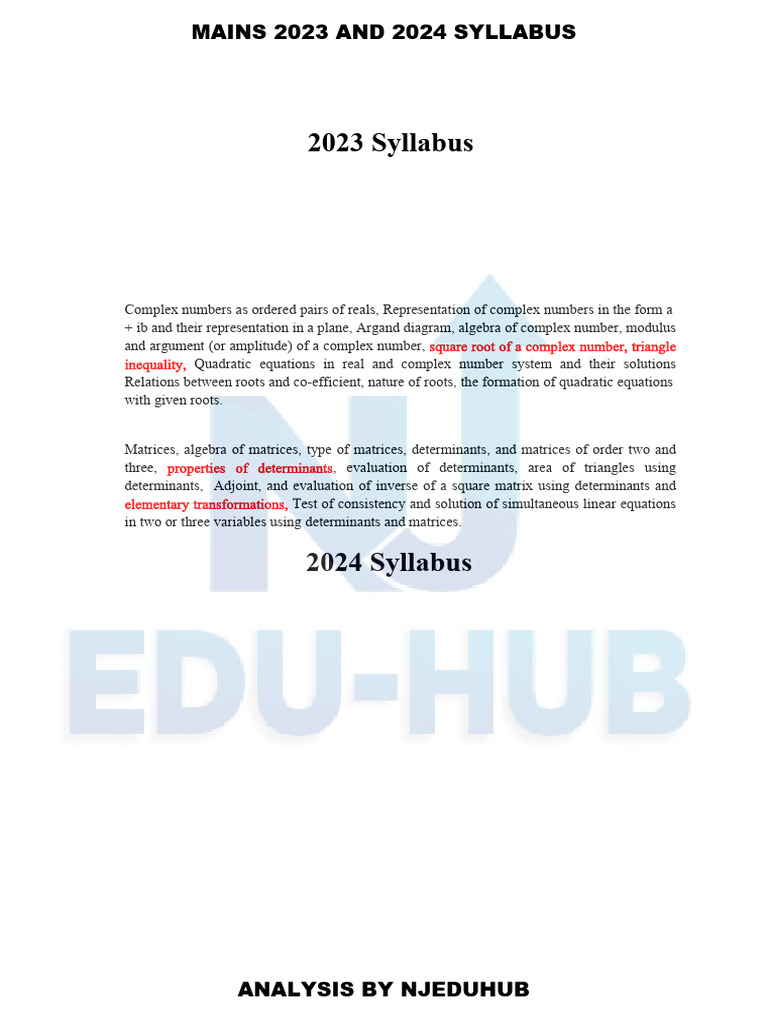 Mathematics JEE Mains 2024 Changed Syllabus | PDF | Line (Geometry ...