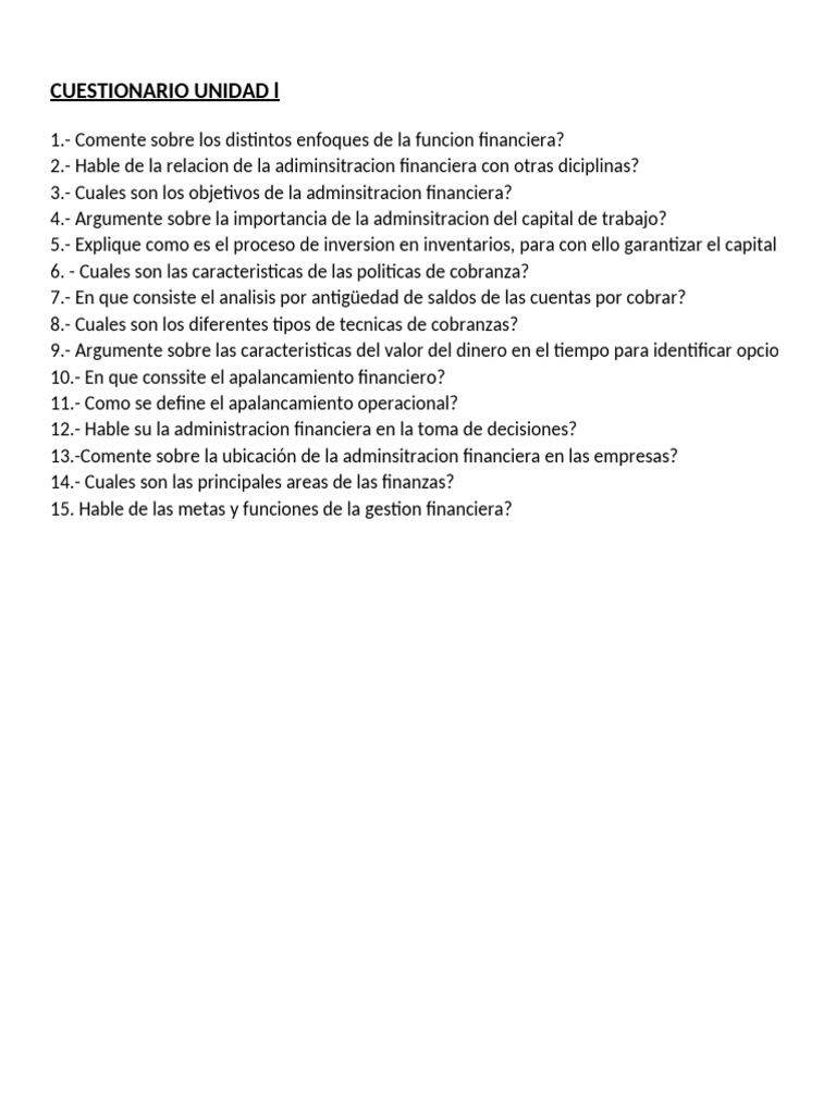 Cuestionario Administracion Financiera (Unidad L) UCE | PDF