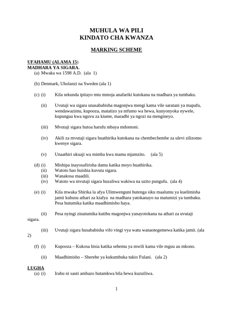 Kiswahili Form 1 M Scheme 1 | PDF
