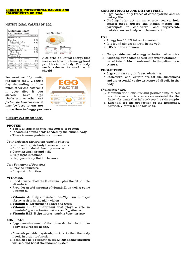 Tle Lesson 2-Nutritional Values and Components of Egg | PDF | Food ...