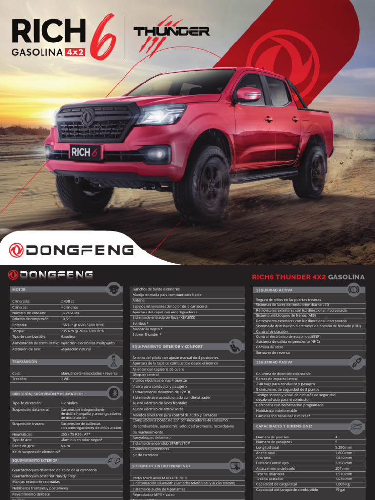 Ficha r6t Gasolina 4x2 Costa 2023 | PDF | Inyección de combustible | Sistema de freno antibloqueo