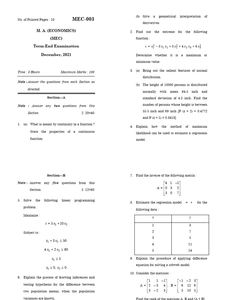 MEC-003 (3) | PDF | Regression Analysis | Matrix (Mathematics)