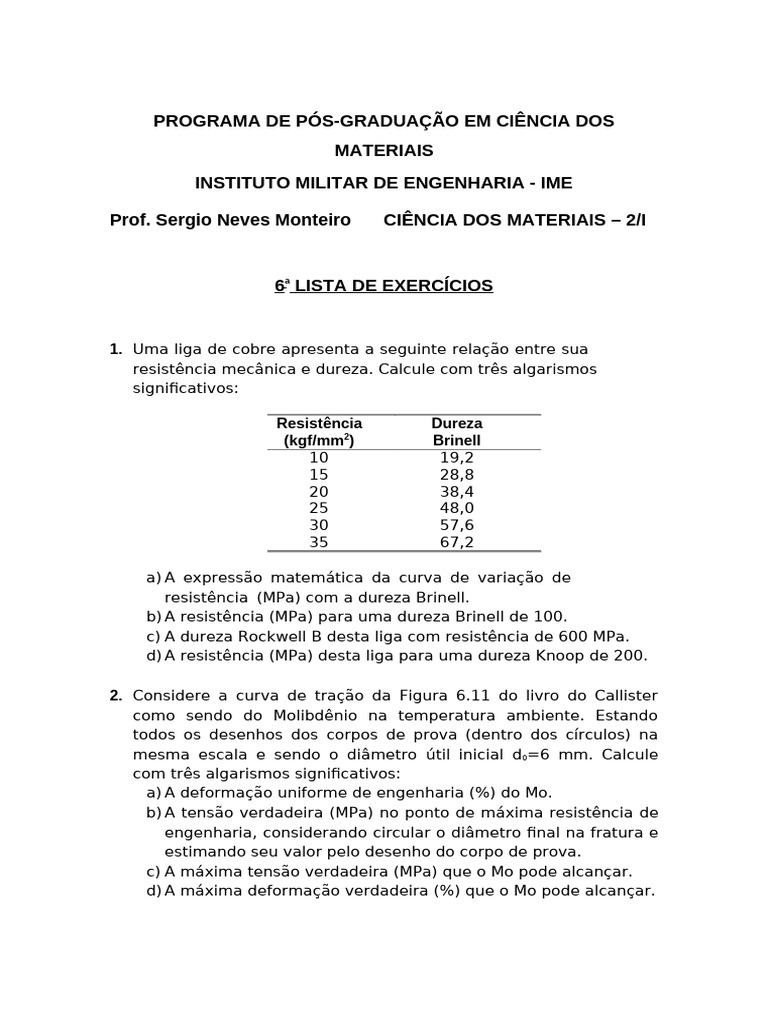 1 Lista de Exercícios - Prop - Mec.Cap6. | PDF