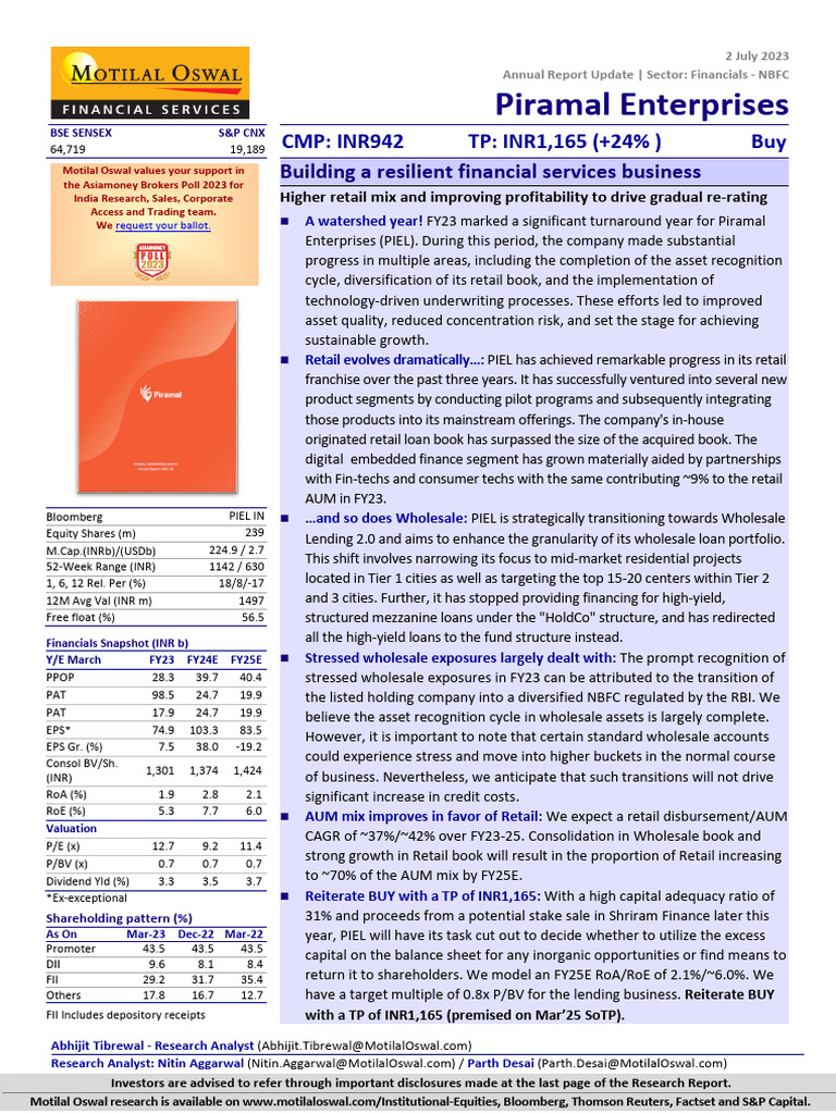 Motilal Oswal Piramal Enterprises Update | PDF | Loans | Equity (Finance) Motilal Oswal Piramal Enterprises Update | PDF | Loans | Equity (Finance)