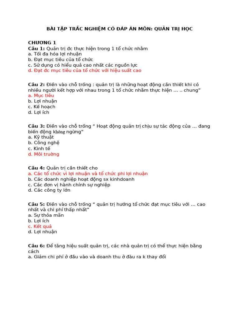 Bai Tap Trac Nghiem Co Dap An Quan Tri Hoc Truong Dai Hoc Duy Tan 120956 | PDF