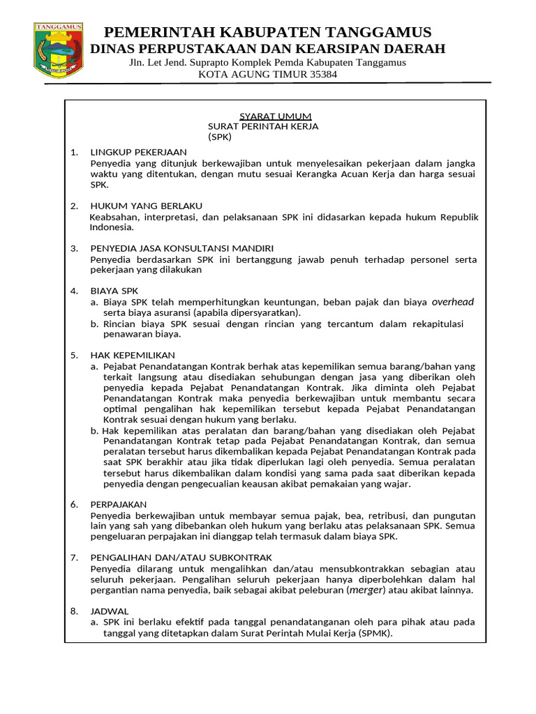 Syarat Umum Surat Perintah Kerja SPK | PDF