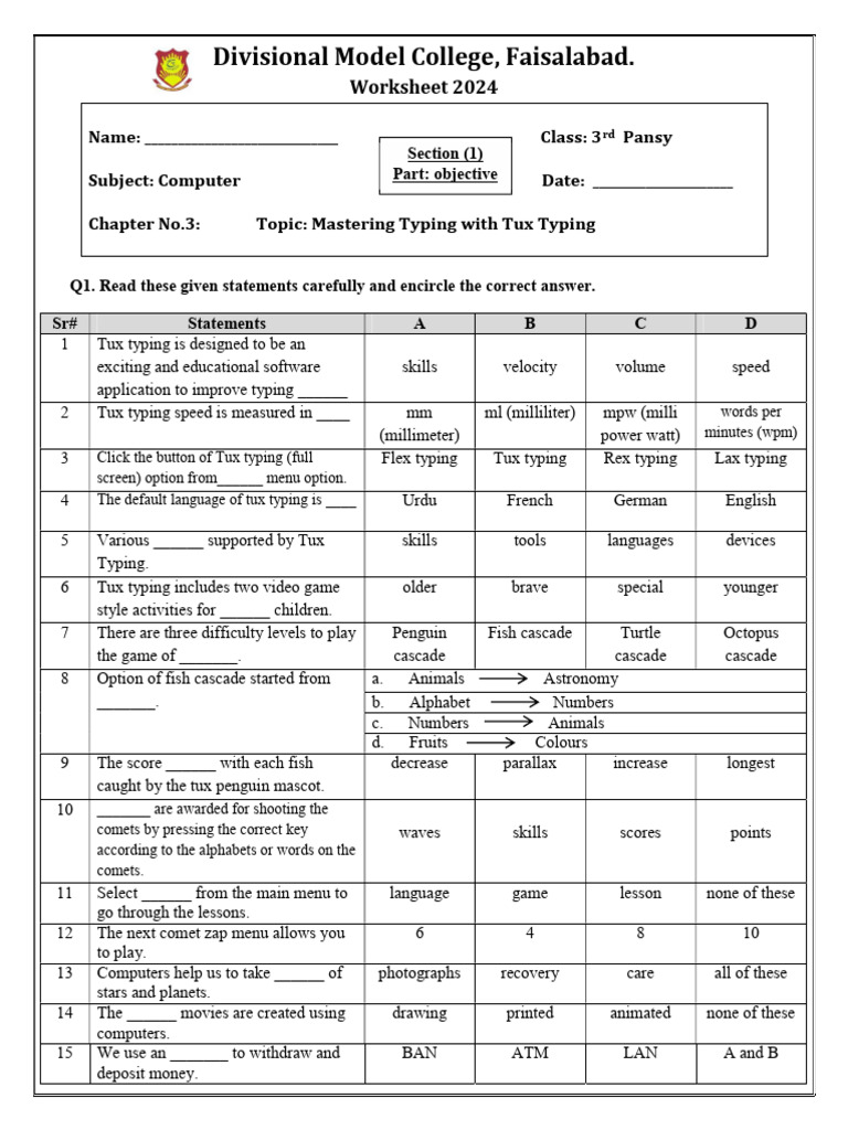 Tux Typing Worksheet for Class 3 | PDF | Computers
