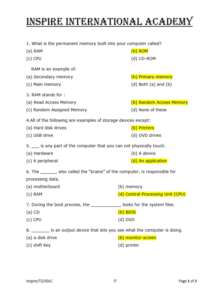 Hardware Worksheet MCQs Sol | PDF | Computer Data Storage | Computer Hardware