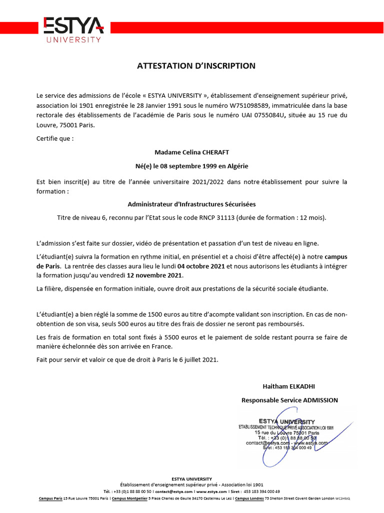 Attestation d'inscription ESTYA University | PDF | Paris
