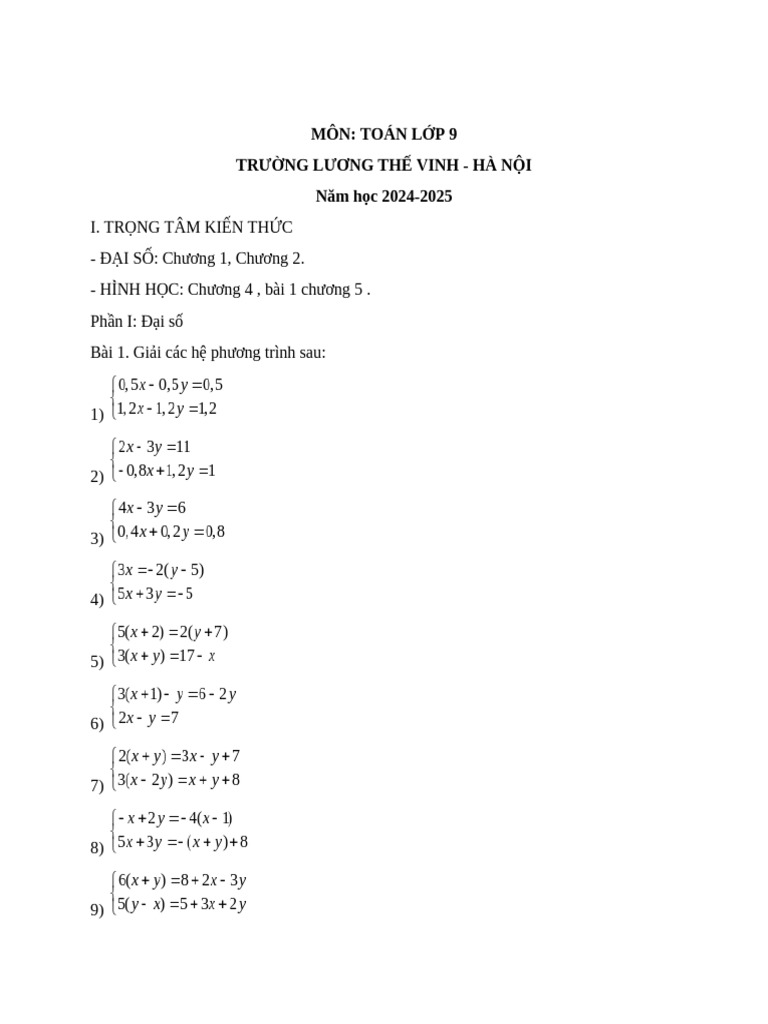 TOÁN 9 DC GK1 THCS LƯƠNG THẾ VINH 2024 2025 | PDF