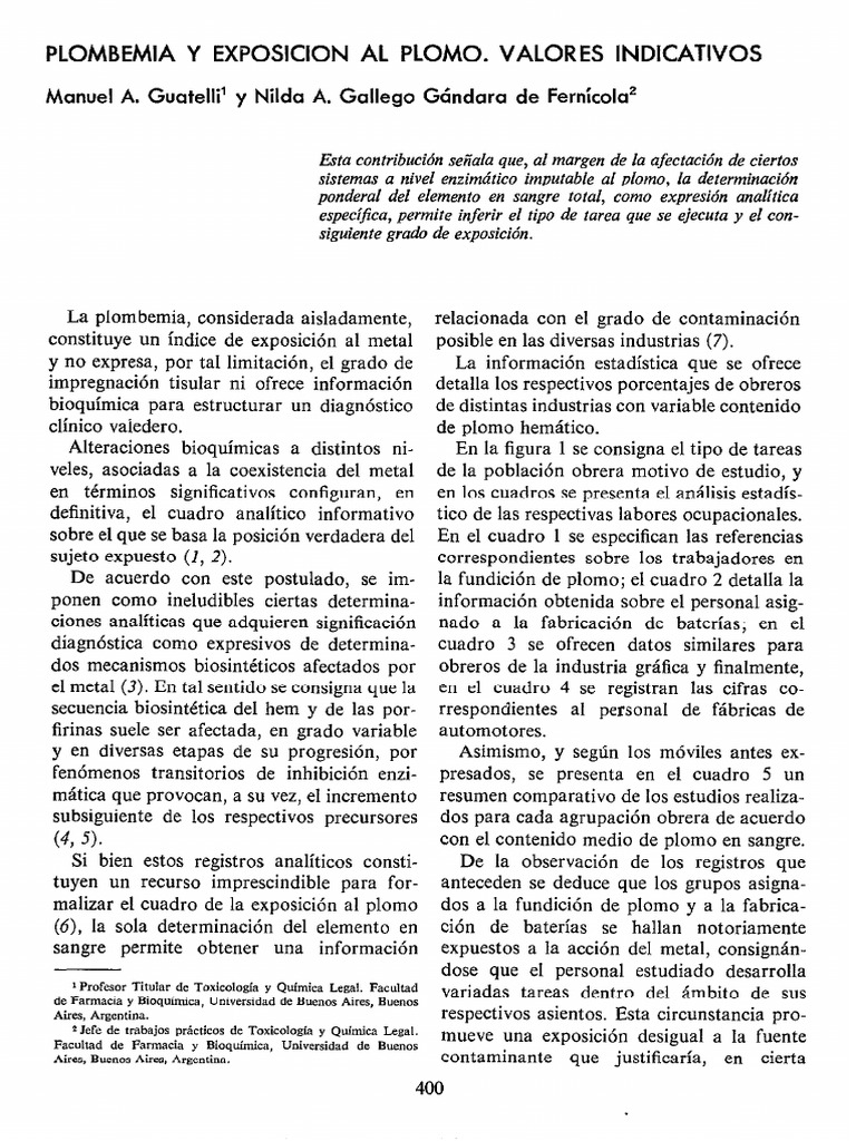 Plombemia Y Exposicion Al Plomo. Valores Indicativos | PDF | Ciencias ...
