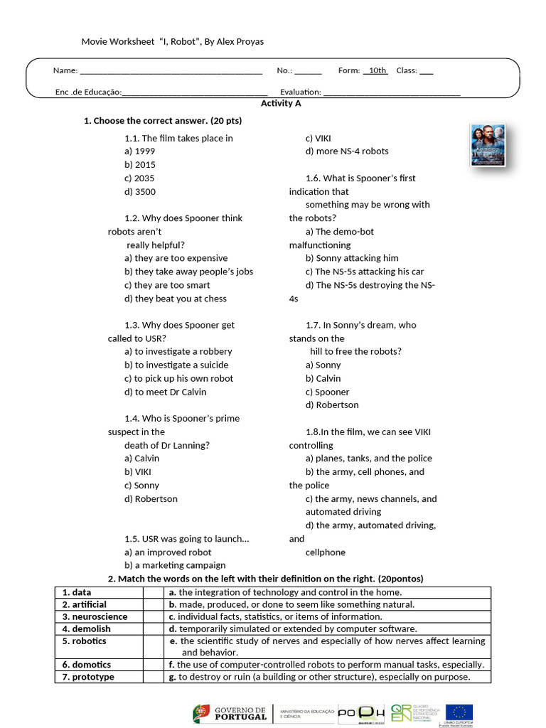 Worksheet On The Movie I Robot - 95786 | PDF | Young Adult