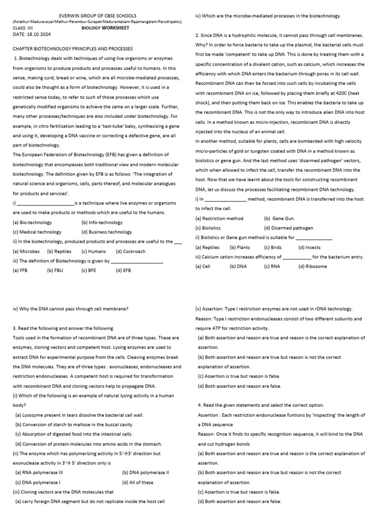 Class Xii-bio Worksheet - 18.10.24 | PDF | Restriction Enzyme | Dna