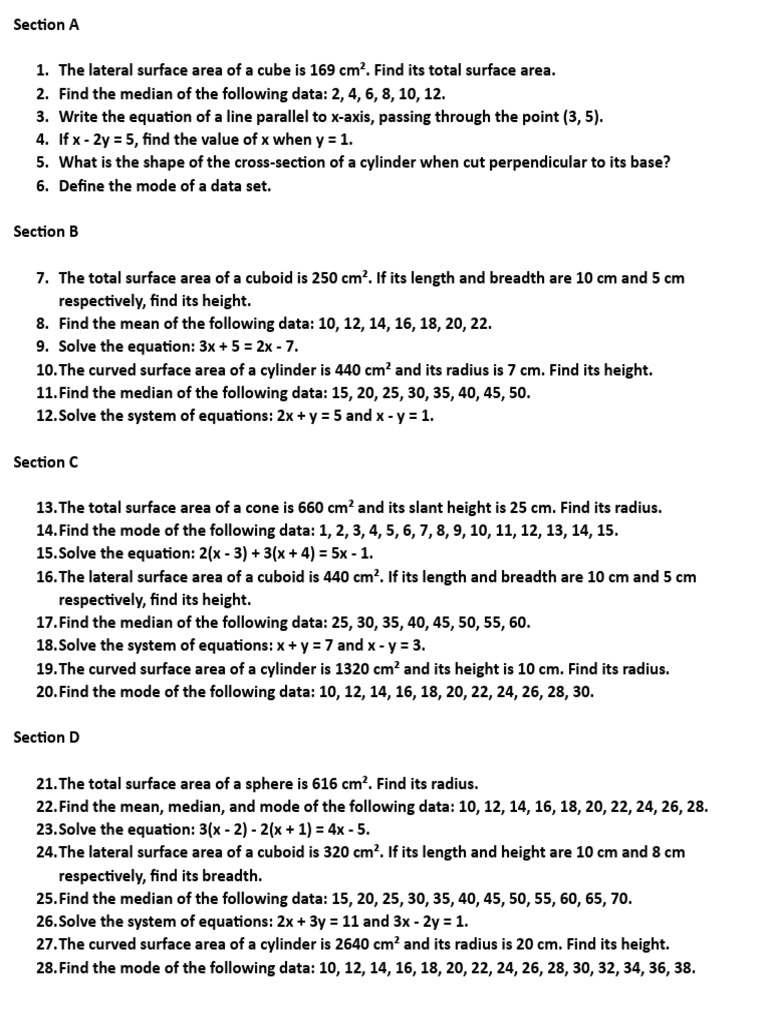 Class 9 surface area volume statistics and linear equation | PDF