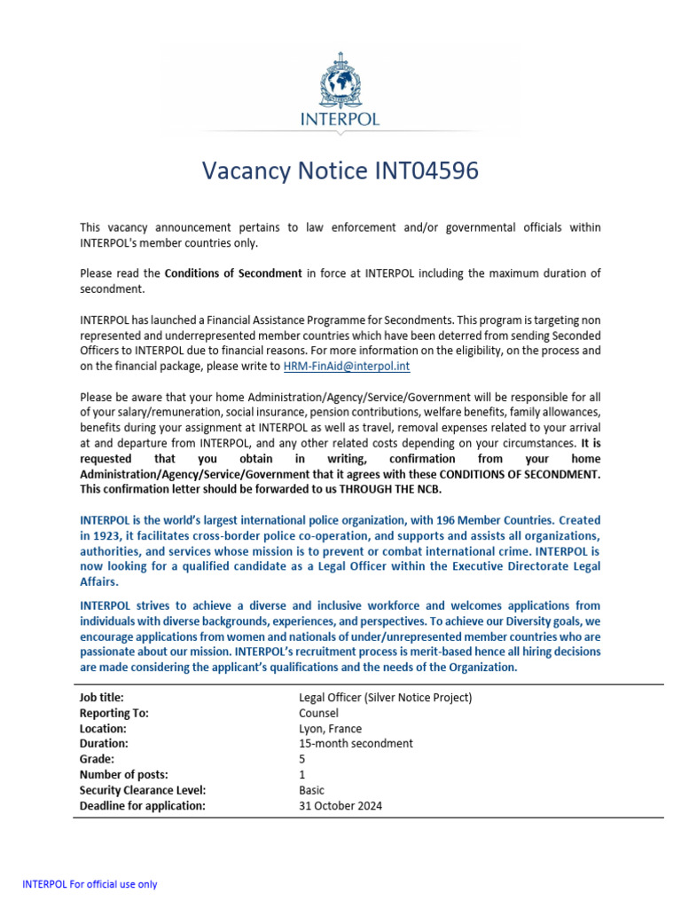 INT04596 - Legal Officer (Silver Notice) - Vacancy Notice | PDF ...