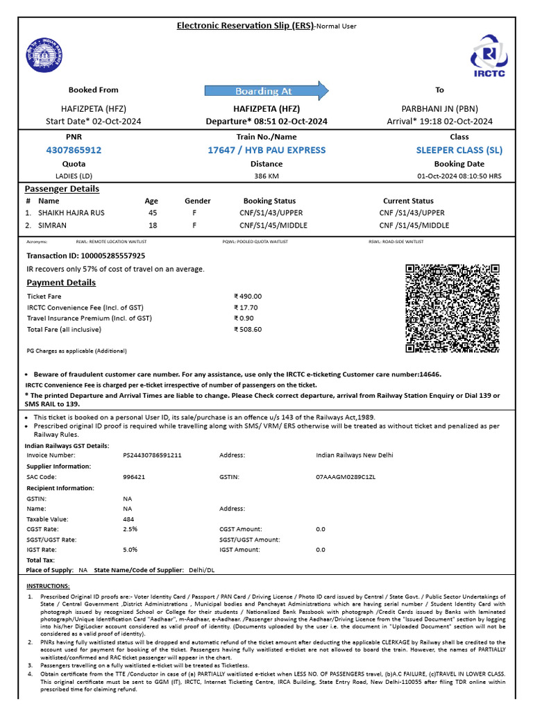 Hyb Pau Express Sleeper Class (SL) | PDF | Identity Document | Payments