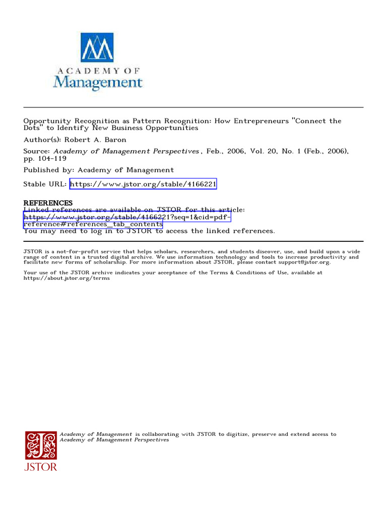 Baron, 2006. Opportunity Recognition As Pattern Recognition - How Entrepreneurs 'Connect The ...
