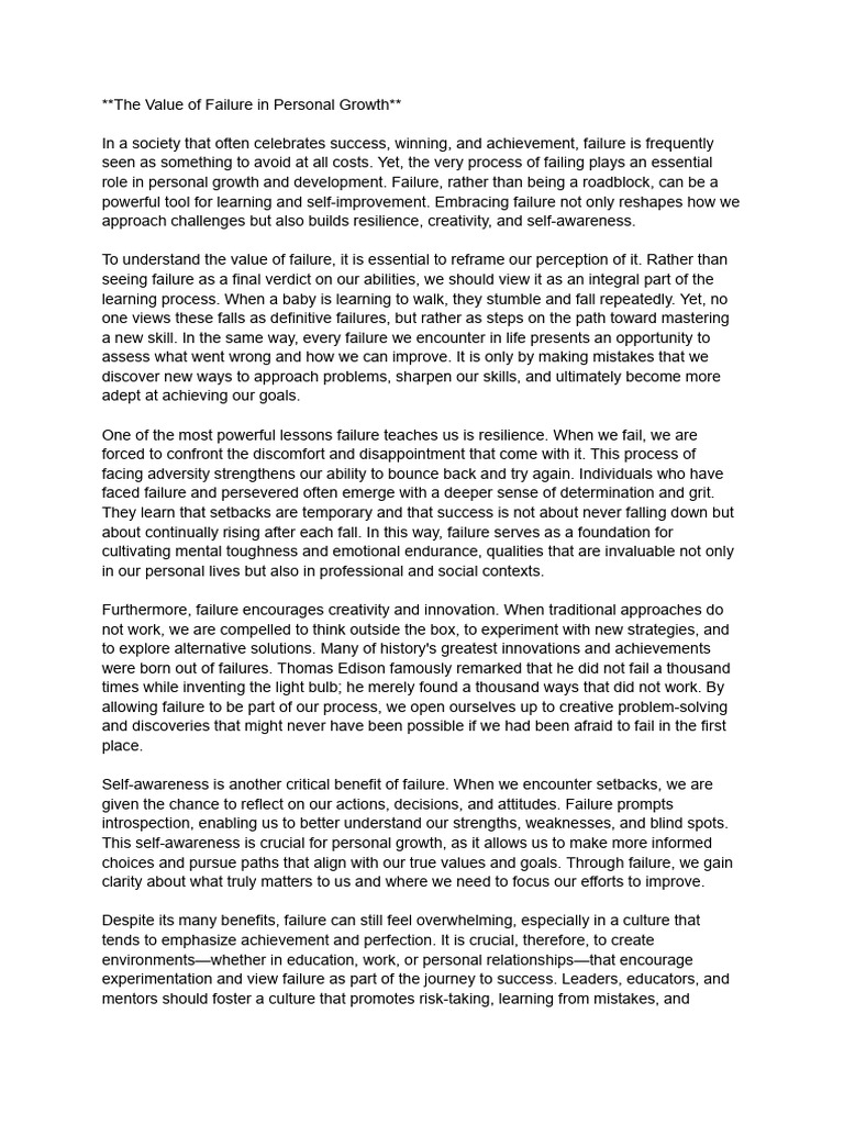 Essay - The Value of Failure in Personal Growth | PDF | Personal ...