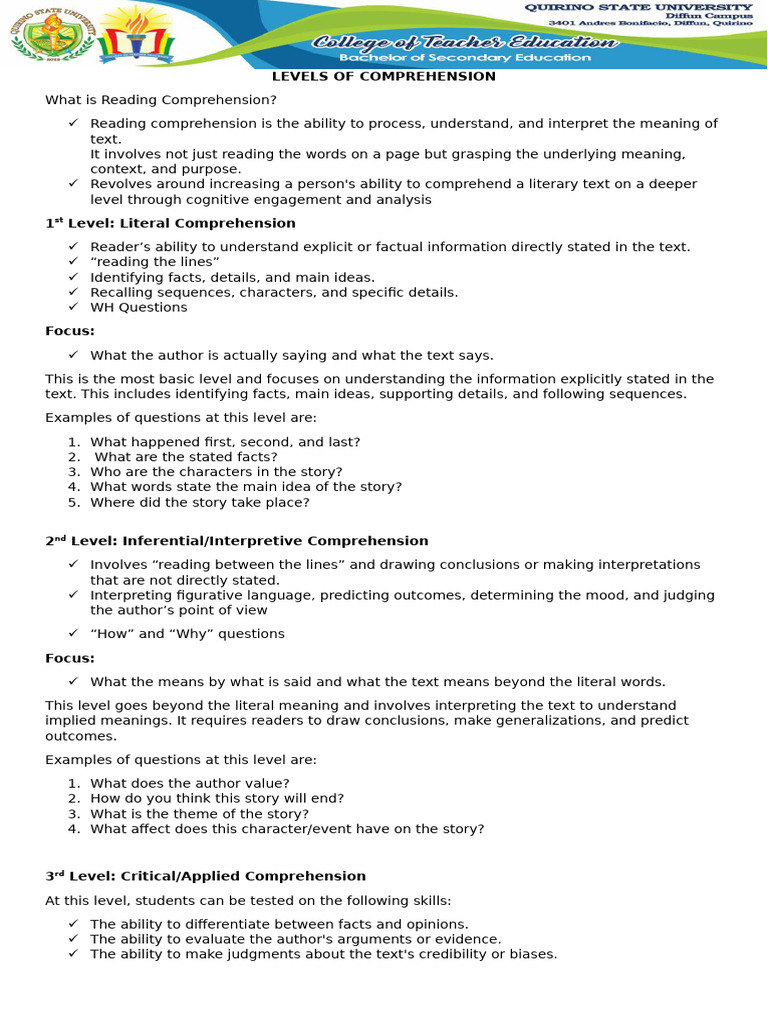 TOR-Levels of Comprehension | PDF | Reading Comprehension | Argument