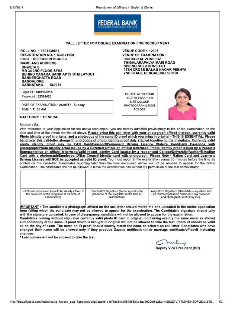 Federal Bank Scale 1 Call Letter | PDF