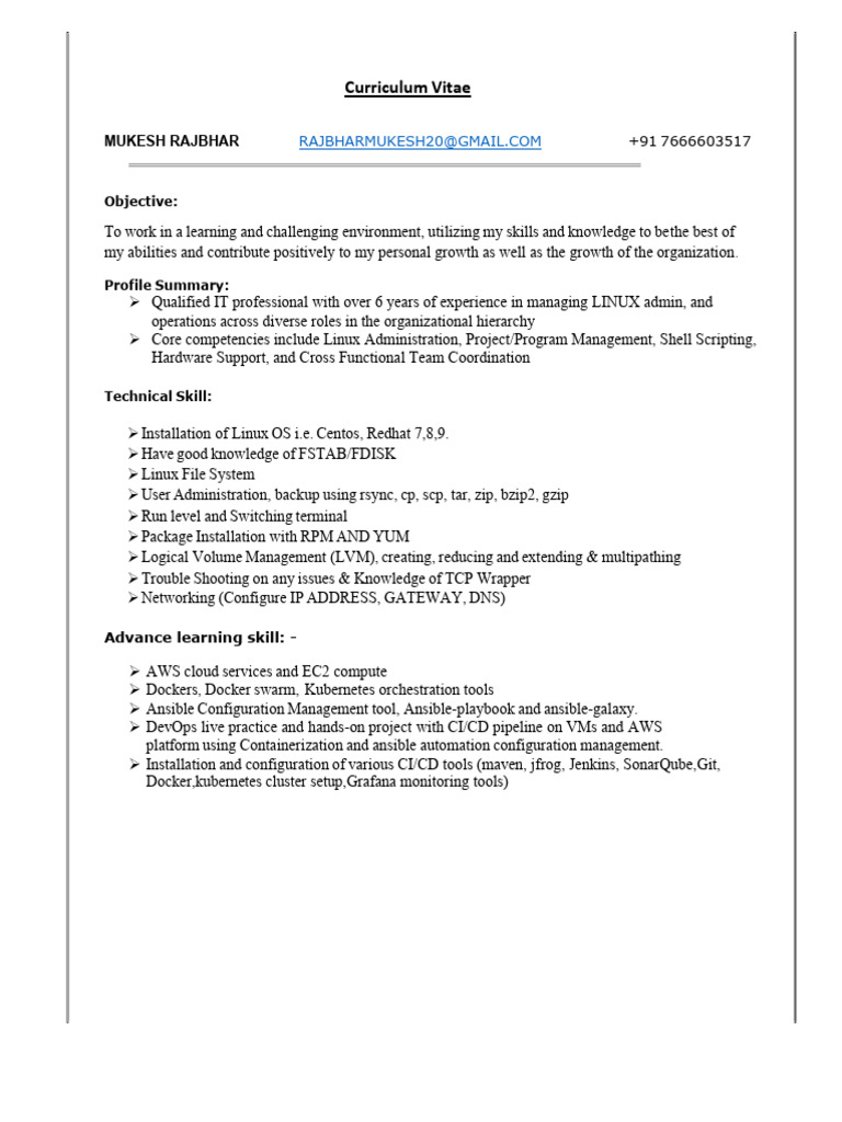 MUKESH_Resume | PDF | Server (Computing) | Operating System