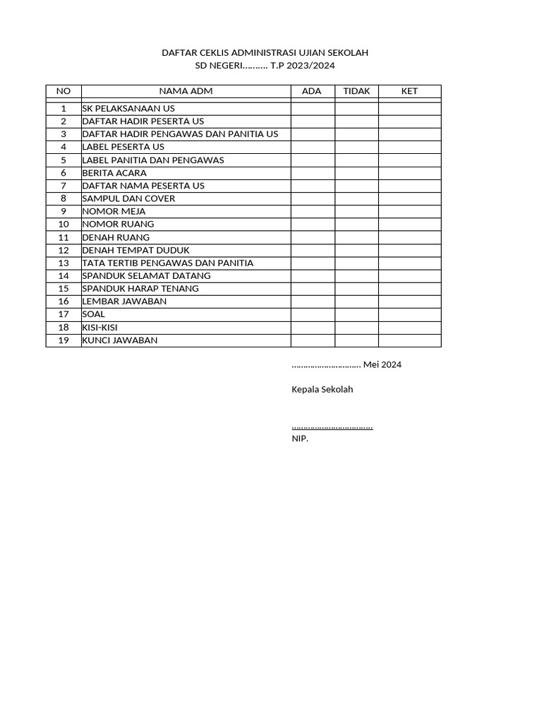 Daftar Ceklis Adm Us | PDF