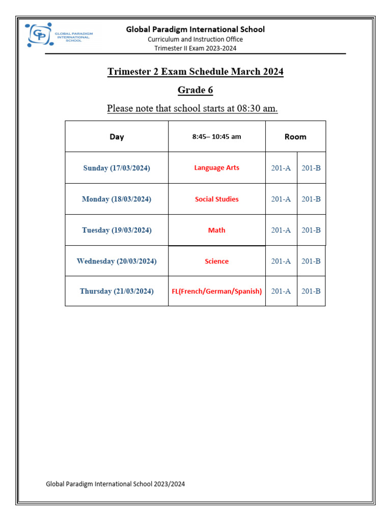 Trimester 2 Exams Schedule 2023-2024 | PDF | Academic Term | Science