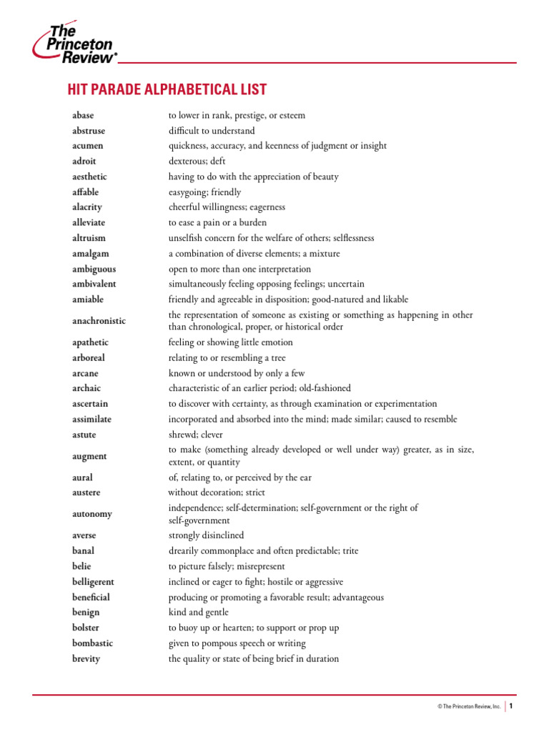 SAT Vocabulary Hit Parade List | PDF