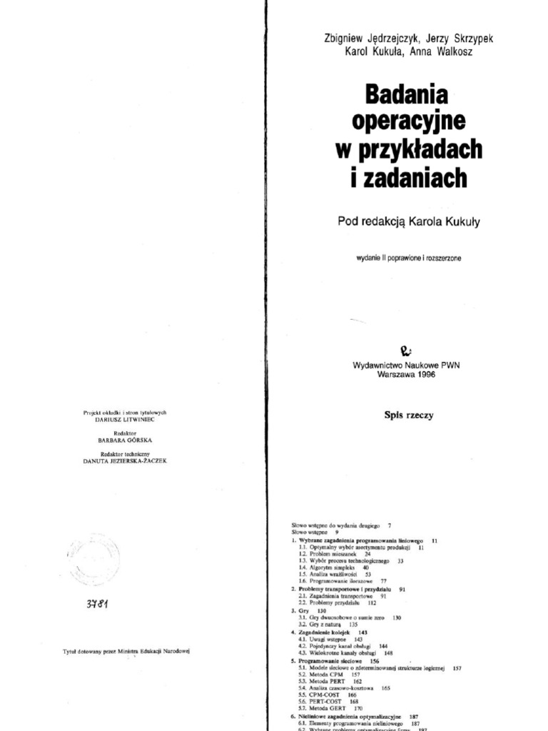 Badania Operacyjne W Przykladach I Zadaniach - Karol Kukula Wyd II Poprawione | PDF