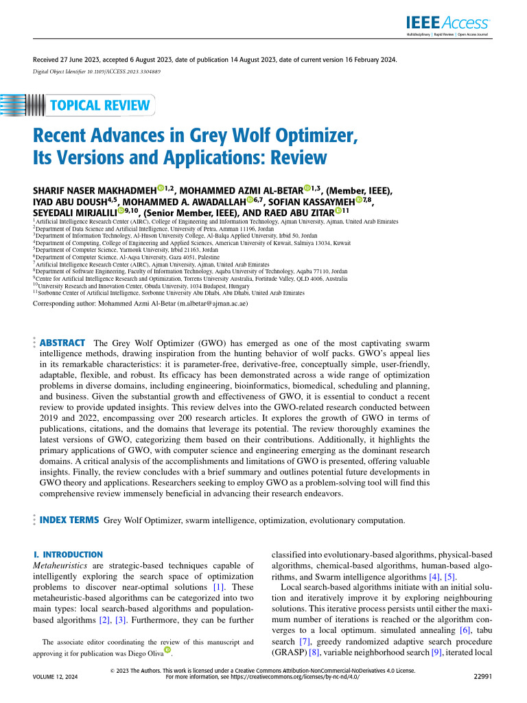 Recent Advances in Grey Wolf Optimizer Its Versions and Applications ...