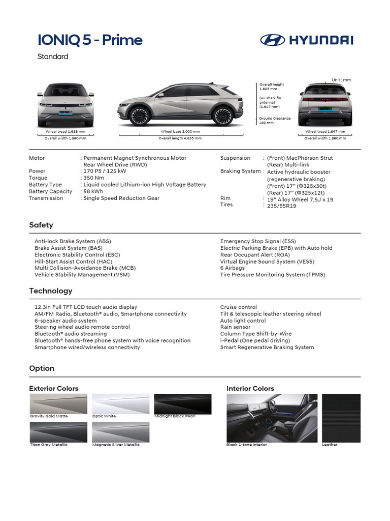 Specsheet IONIQ5 Without Price | PDF | Brake | Anti Lock Braking System