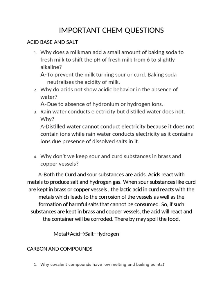 Important Chem Questions | PDF | Science & Mathematics